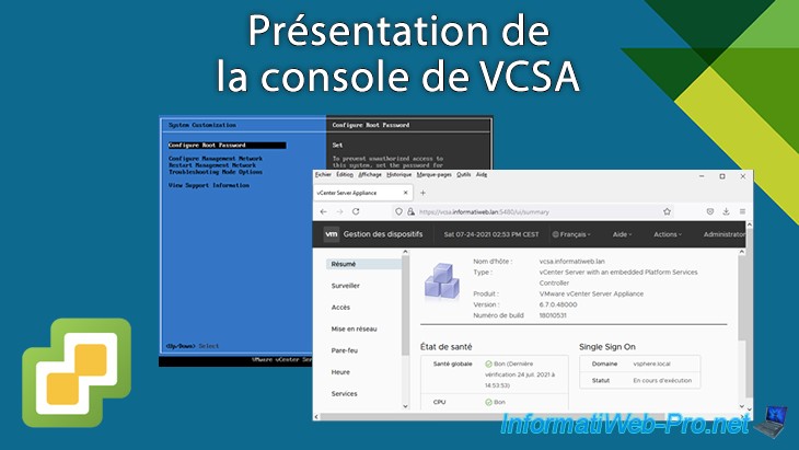Présentation de la console de VCSA (VMware vCenter Server Appliance) dans une infrastructure ...